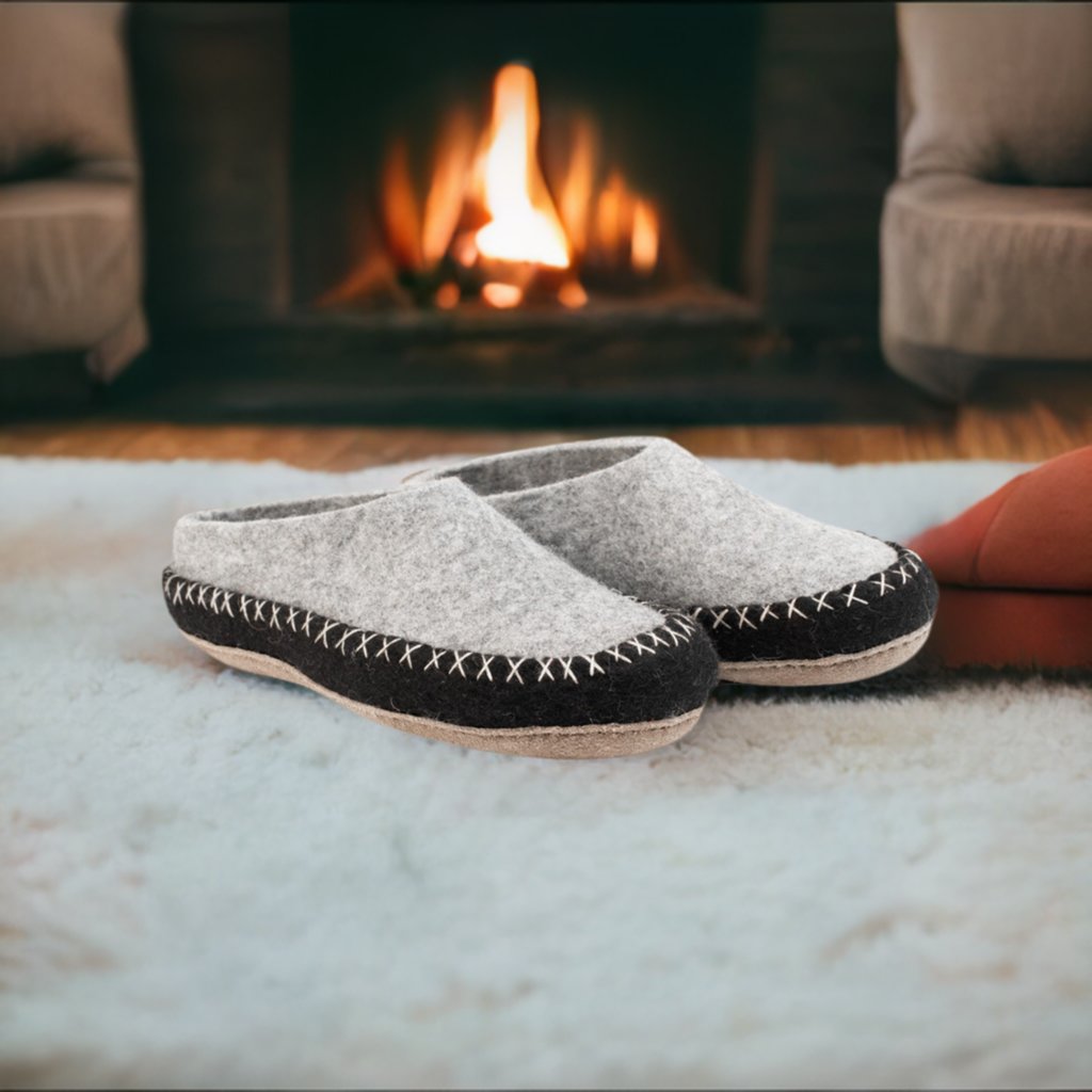 Indoor Open Heel Slipper With Leather Sole - Black & Grey