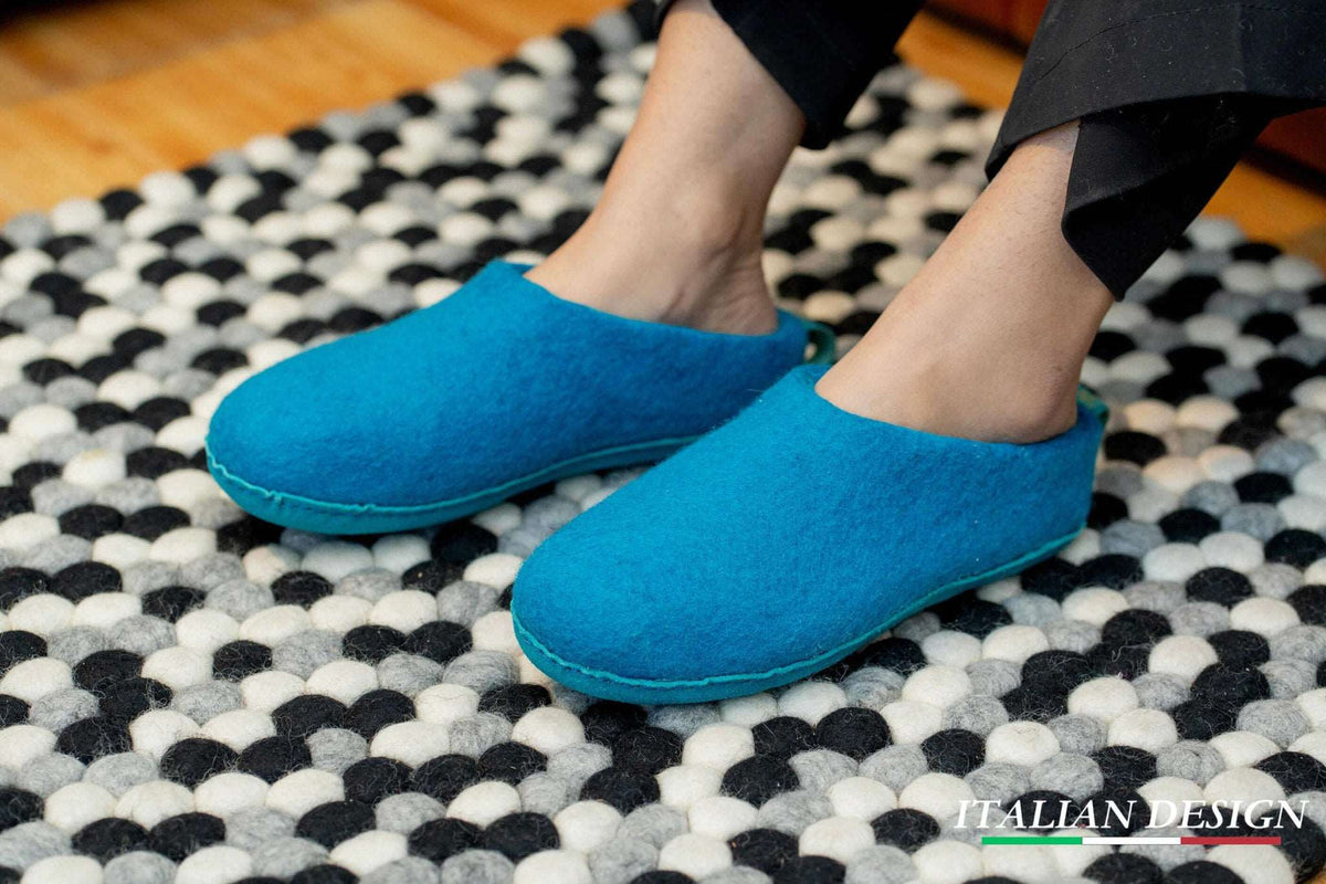 Indoor Open Heel Slippers With Leather Sole - Turquoise
