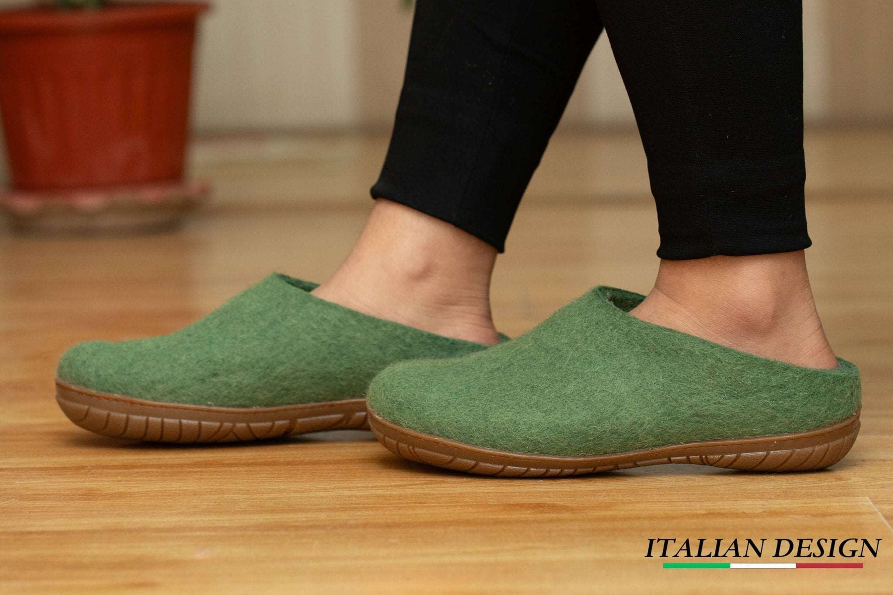 Outdoor Open Heel Wool Slippers With Rubber Sole - Green